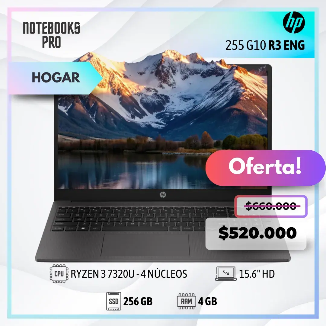 HP 255 G10 R3 - RYZEN 3 7320U - SSD 256 GB - 4 GB RAM - 15.6" HD - 4 ...